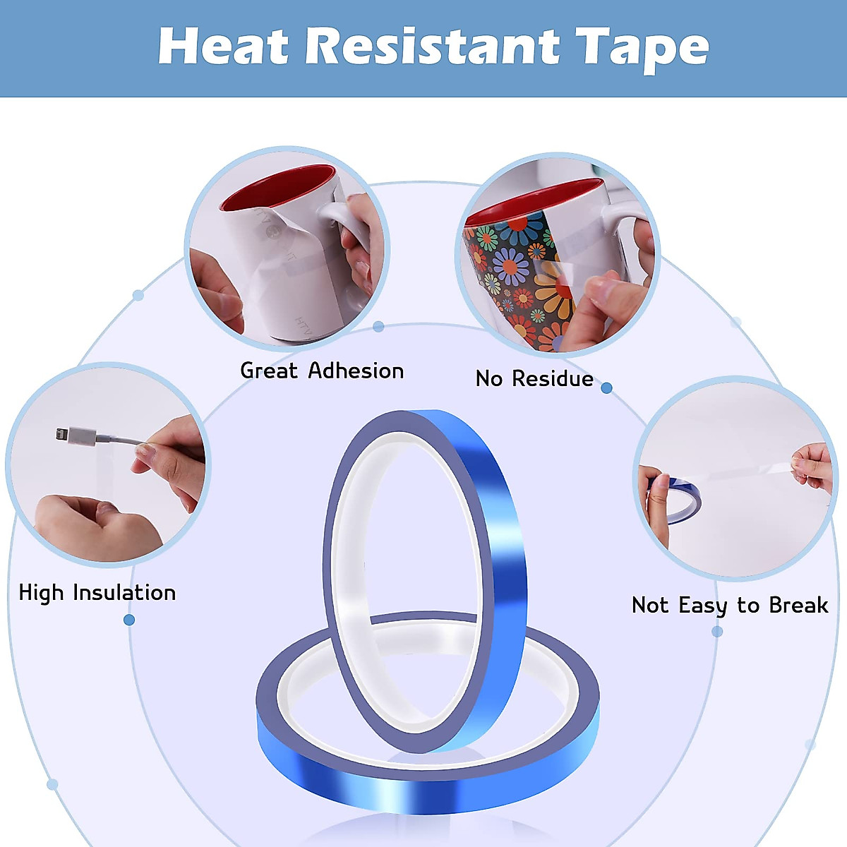HTVRONT Blue Heat Tape - 10mm X 33m Heat Resistant Tape 2 Rolls Heat Tape, No Residue High Temperature Tape, High Adhesion Heat Tape for Sublimation, Heat Press, HTV Heat Transfer Tape