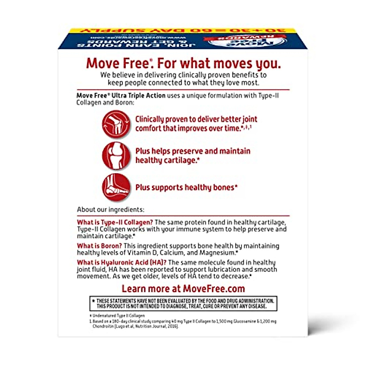 Move Free Ultra Triple Action Joint Support Supplement - Type II Collagen Boron & Hyaluronic Acid - Supports Joint Comfort, Cartiliage & Bones in 1 Tiny Pill Per Day, 2x30ct Bottles (60 servings)*