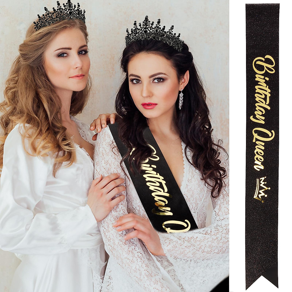 Velscrun Black Crystal Birthday Queen Tiara Crown for Women Girls Birthday Queen Headband Sash Elegant Princess Crown with Combs Hair Accessories Happy Birthday Party Decorations Mom Birthday Gift