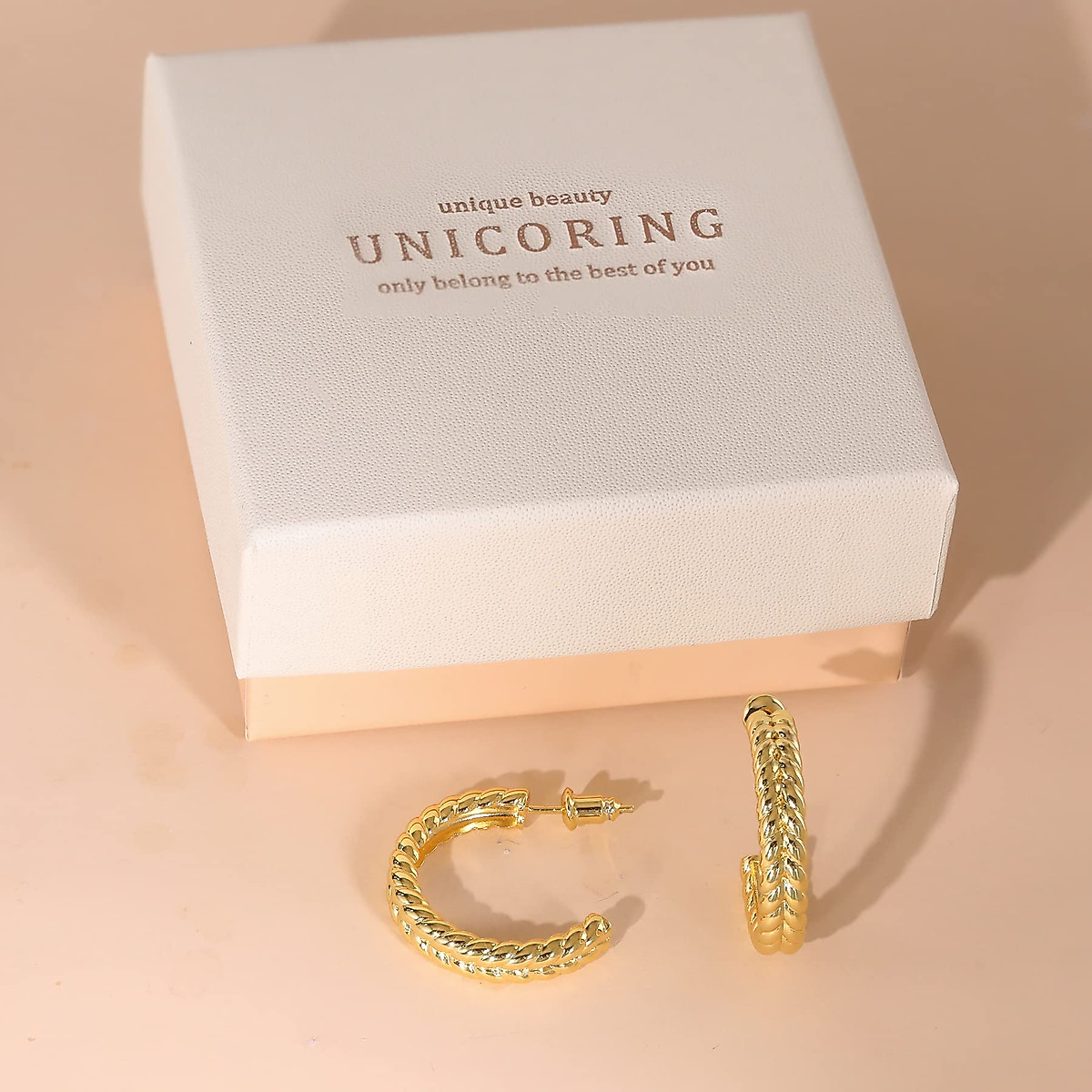 UnicoRing Chunky Gold Hoop Earrings for Women 14K Real Gold Plated Lightweight Twist Small Hoops Hypoallergenic Cute Jewelry(25mm)