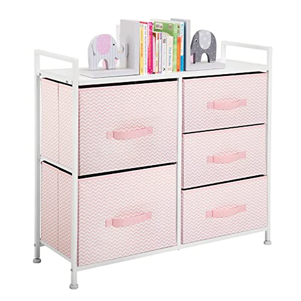 mDesign 30.03" High Steel Frame/Wood Top Storage Dresser Furniture Unit with 5 Removable Fabric Drawers - Tall Bureau Organizer for Bedroom, Living Room, Closet - Spira Collection - Pink/White