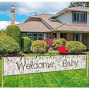 CHXSM 9.8 x 1.6 ft Pink Elephant Welcome Baby Yard Sign Banner Girl Shower Party Supplies Decorations Backdrop Background