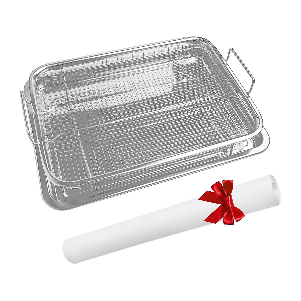 FXTNKYY Stainless Steel Air Fryer Basket for Oven,Air Fryer Basket Set with 50 PCS Parchment Paper,Air Fryer Pan with Crisper Tray and Pan