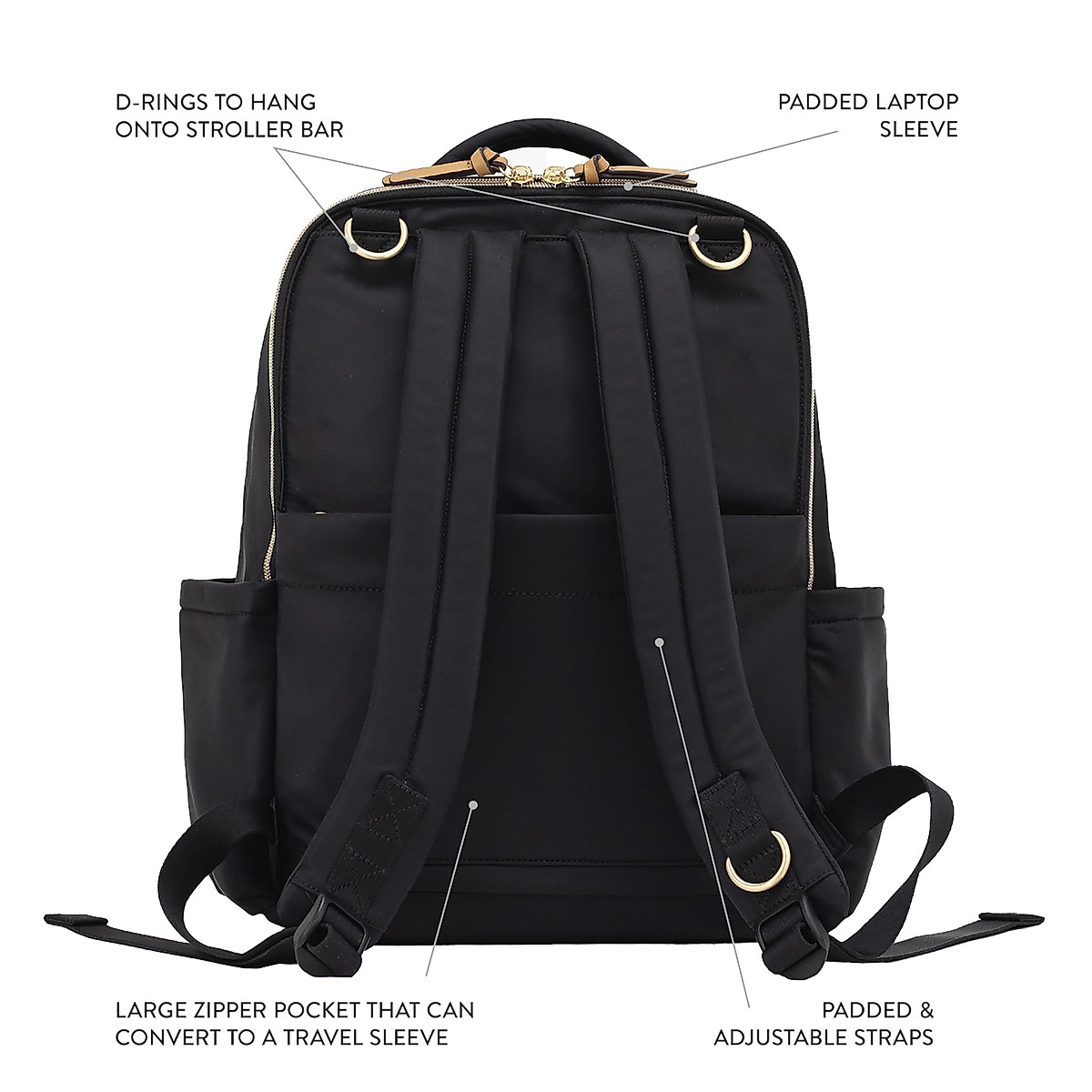 TWELVElittle On The Go Diaperbag Backpack in Black Tan - Includes Changing Pad and Stroller Clips. Diaper Bag Backpack for Moms or Dads