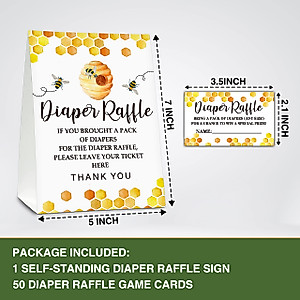 ONDTOM Bee Baby Shower Party Game Diaper Raffle Standing Sign With 50 Cards, Mommy To Bee Themed Card Honeycomb Bumble Bee Baby Shower Decor, Baby Gender Reveal Party Game(5"x7") - diaper-C01