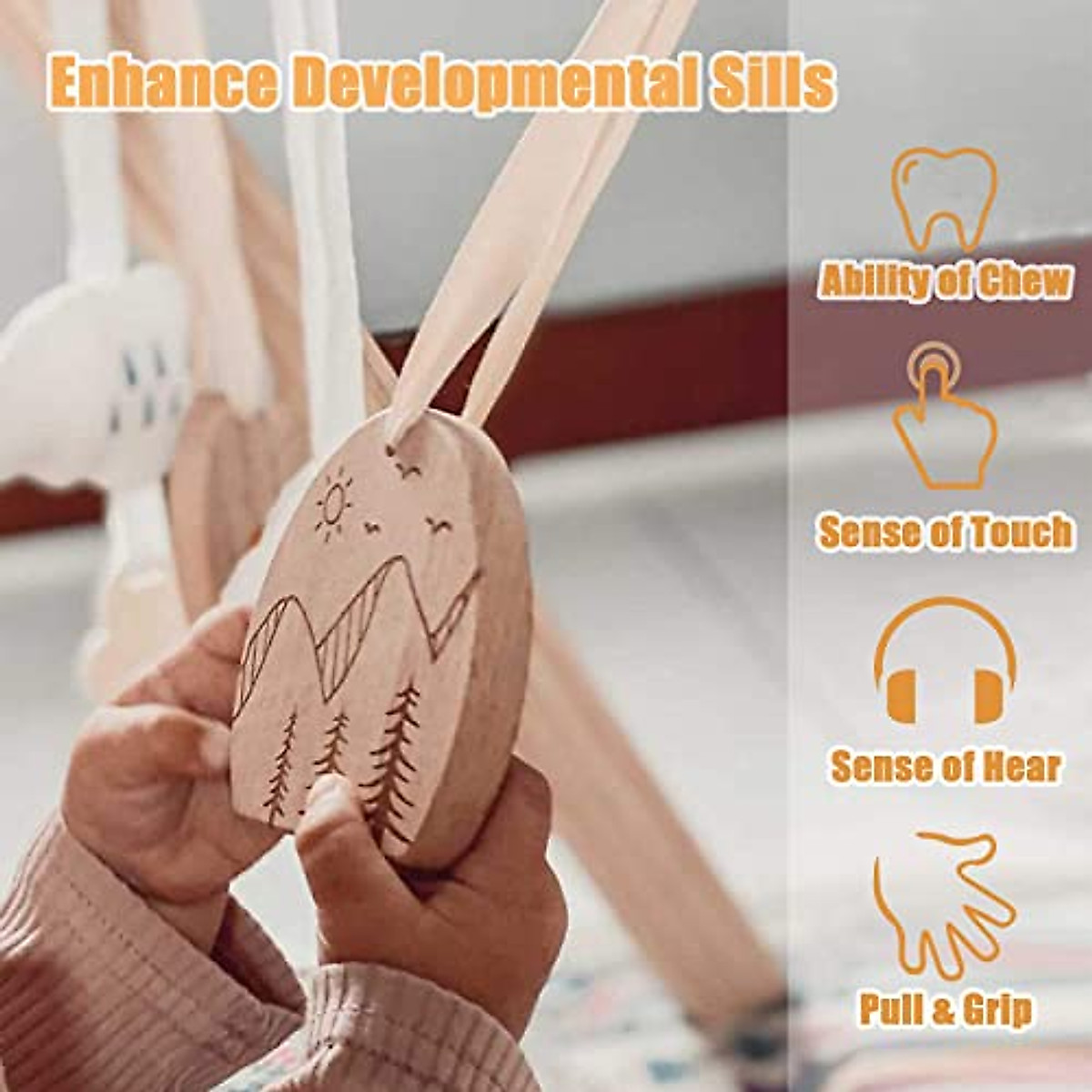 Mallify Wooden Baby Play Gym, Toddler Activity Center with 6 Hanging, Folding Hanging Bar, Pull Ring Toys, Easy to Assemble