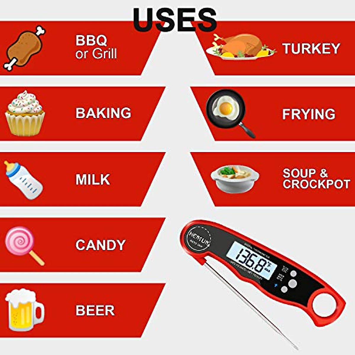 Meat Thermometer,KOFOHO Instant Read Temperature Waterproof Kitchen Cooking Beef Candy Quick Read Thermometer with Foldable Probe for Oil Deep Fry BBQ Grill Smokers