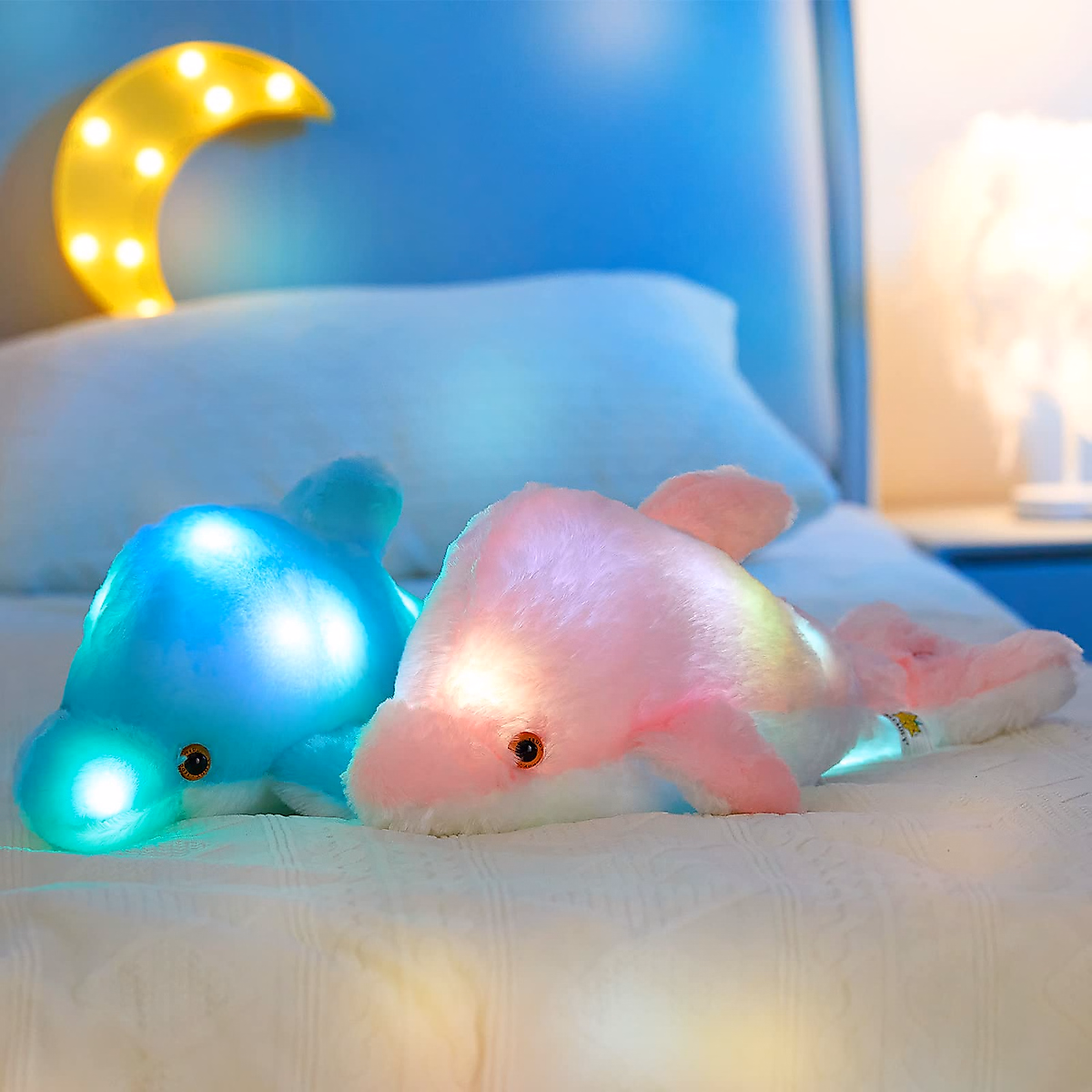 BSTAOFY 18'' Light up Dolphin Stuffed Animal Night Light Colorful Glowing Dolphin Soft LED Plush Toys Gift for Kids on Valentines Christmas Birthday Festivals, Blue