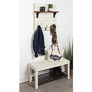 Kate and Laurel Jeran Farmhouse Distressed Shiplap Wood Wall Shelf with 3 Hooks, White