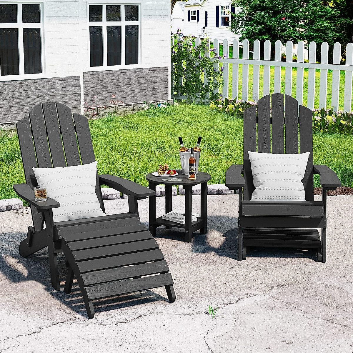 MXIMU Folding Adirondack Ottoman, Plastic Adirondack Footstool, Premium All Weather Ottoman for Adirondack Chairs, Wide Use in Backyard, Garden, Lawn, Porch, Poolside (2, Black)