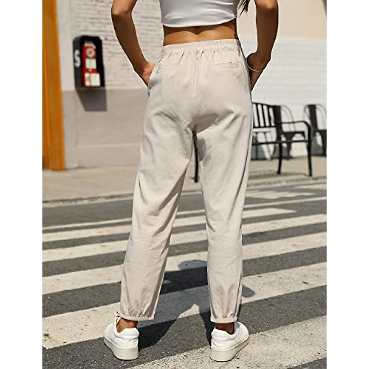 Tanming Women's Casual Linen Elastic Waist Tapered Pants Trousers with Drawstring (Khaki, Large)