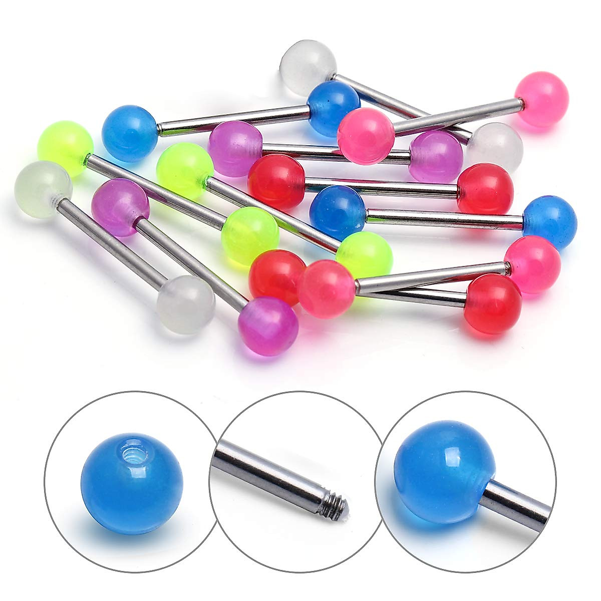 CrazyPiercing Tongue Rings Barbell Nipple Bars 12Pcs Glow in Dark 14G Bioflex Acrylic or Stainless Steel Piercing Rings Jewelry (Stainless Steel Bar)