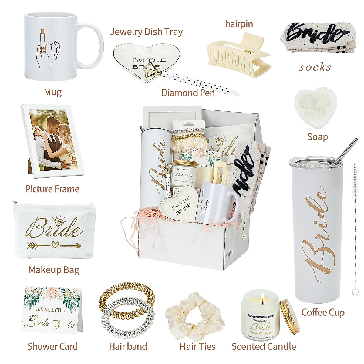 Bride To Be Gifts, Bridal gifts and the Engagement Gift for Bride Box, Best Bridal Shower gift, Bachelorette Gifts For Bride, and Wedding Gifts for Bride, Stainless Steel Tumbler Cups, Mugs, Socks