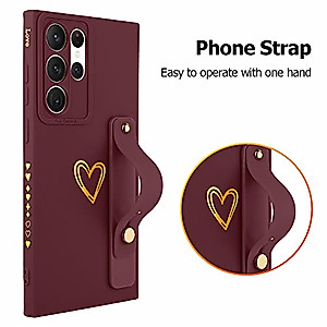 Fiyart Galaxy S22 Ultra 6.8" Love Hearts Case - Slim, Shock-Absorbent, Wine Red, with Stand & Wrist Strap