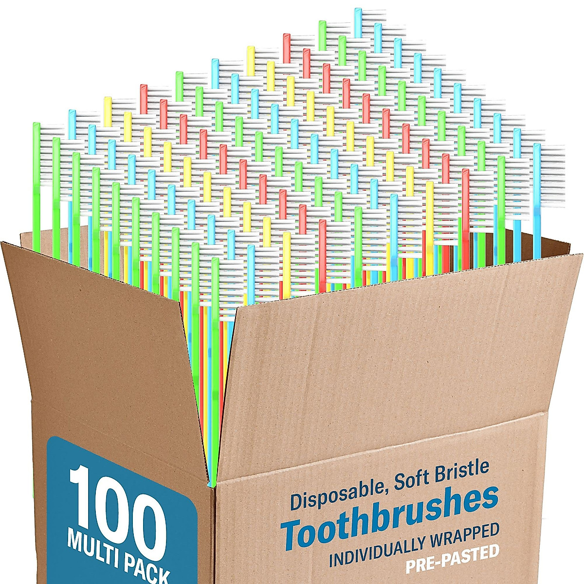 Blasting Health Bulk Disposable Soft Bristles Toothbrushes, Individually Wrapped, Assorted Colors, 39 Tufts - 100 Pack (Pre-Pasted)