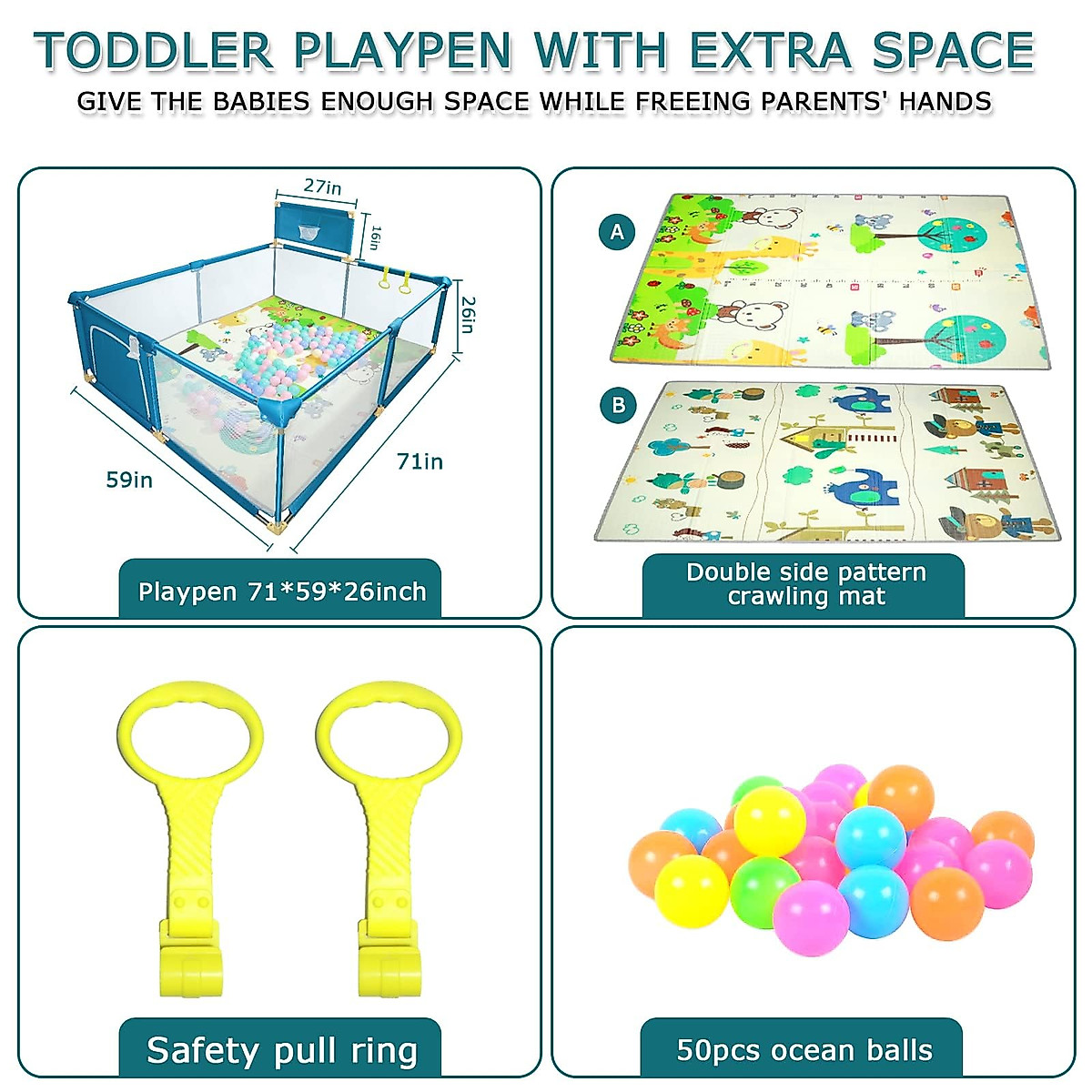 Baby Playpen for Toddlers,71"x59" Inch Extra Large Playpen with Non-Slip Suction Cups, 2 Handle Loops, Ocean Ball and Animal Pattern Crawling Mat,Sturdy and Safe Playpen with Basketball Hoop.
