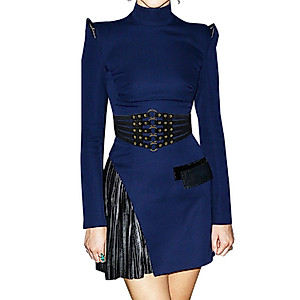 Fashion Women's PU Leather Wide Waist Belt Hollow Out Rivets Stretch Cinch Waistband