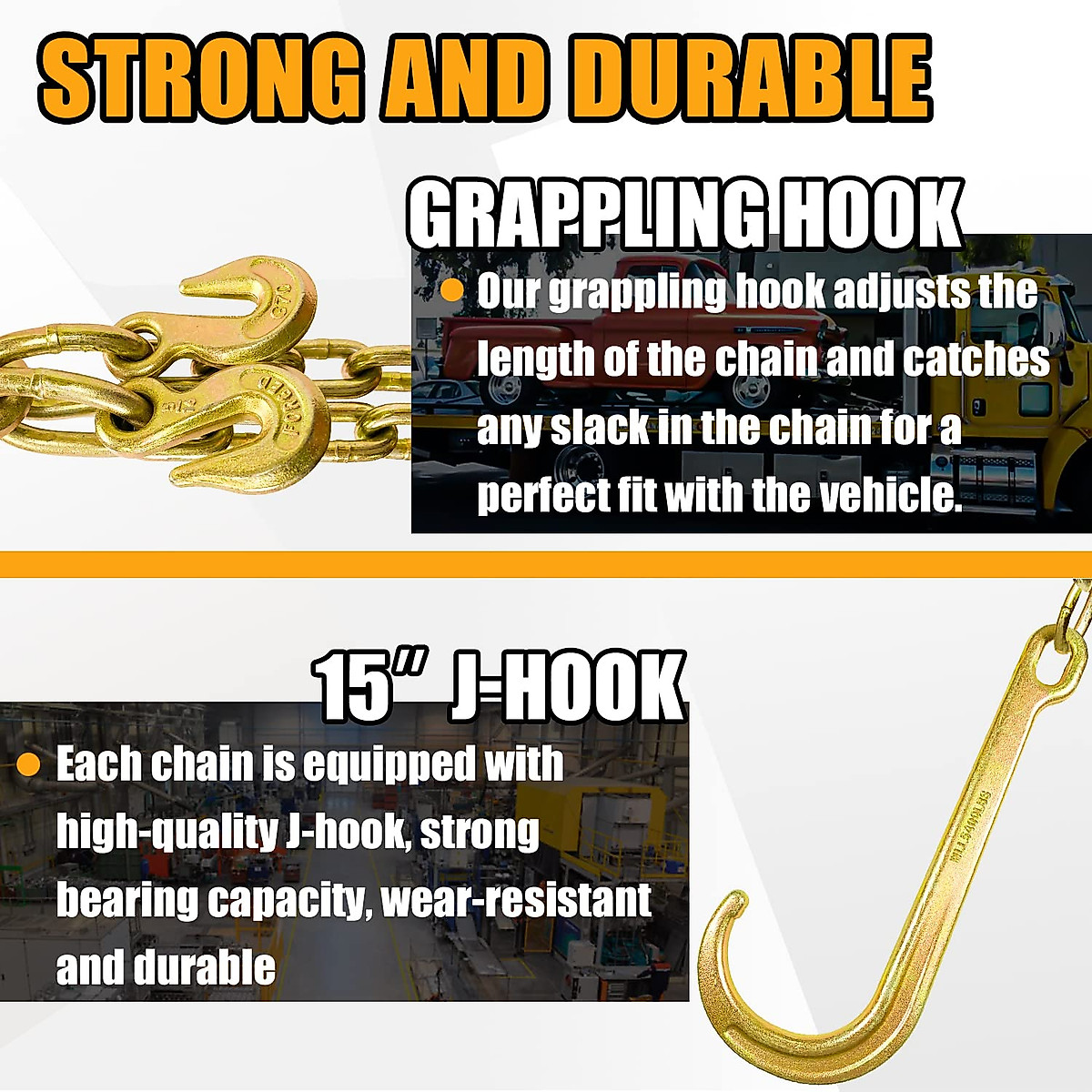 FITHOIST Grade 80 Chain V-Bridle | 5/16In x 2Ft Towing Chain Bridle with J Hooks and Grab Hooks | Bridle Transport Chain with 4,900LBS Safe Working Load | for Flatbed Truck Rollback Wrecker Carrier