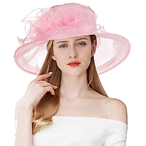 ELLYDOOR Fascinator Wedding Derby Hats for Women Bridal Organza Church Tea Party Hat Wide Brim Sun Hat (Pink)