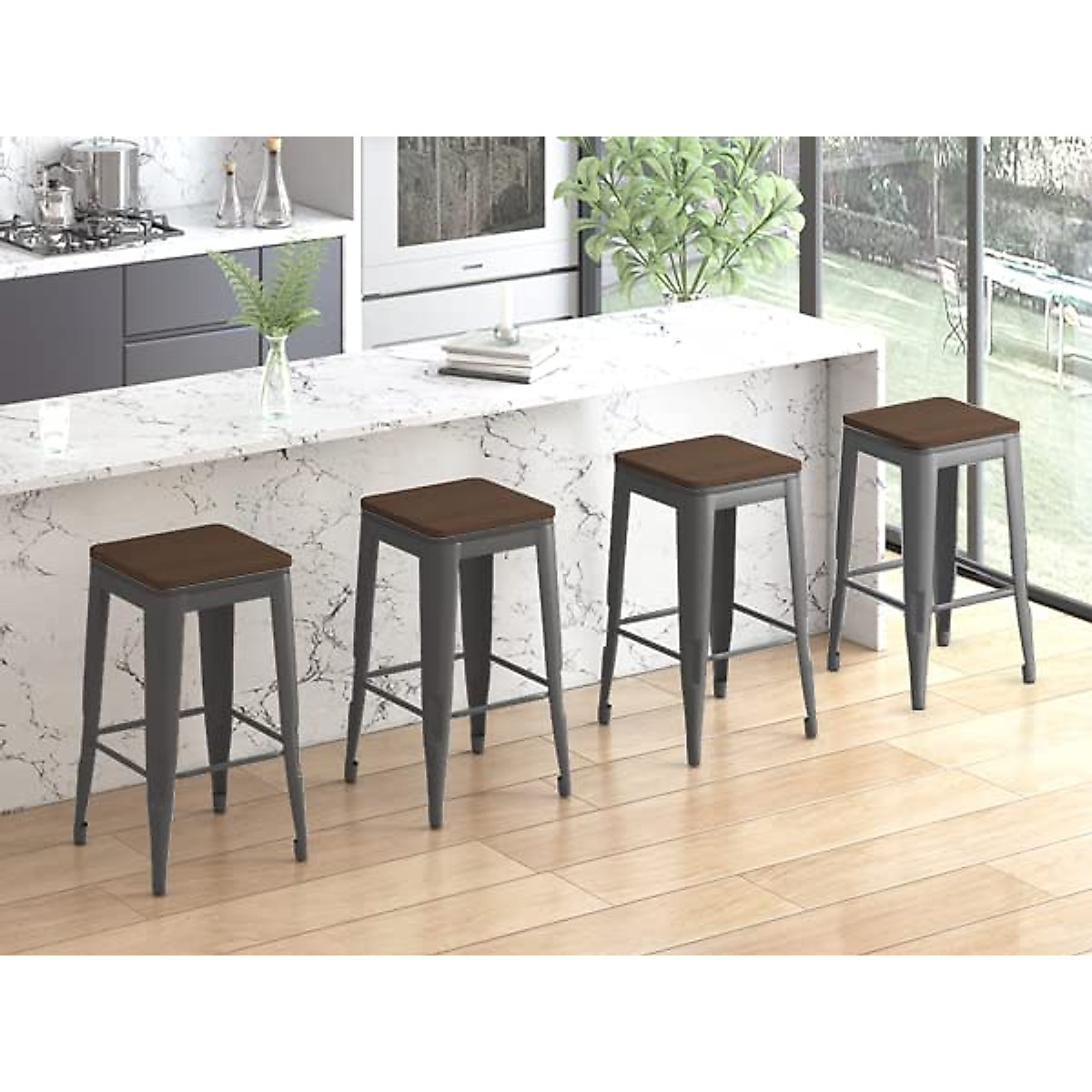 ZAFLY Metal Backless Bar Stool with Wood Seat Industrial Style Counter Height Barstool Indoor Outdoor Stackable Bar Chair, Set of 4, 330lbs Weight Capacity