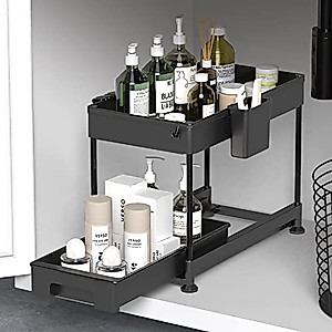 SPACELEAD Under Sink Organizers and Storage for Bathroom 2 Tier Sliding Cabinet Basket Drawers, Kitchen Under Sink Organizer with Hooks The Bottom Can Be Pulled Out Black