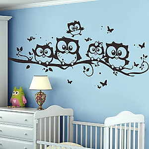 Family Owls On The Tree Branches Wall Decal Removable Cartoon Black Vinyl Owl Wall Art Decor Stickers for Babys Children Rooms Bedroom Living Room TV Background