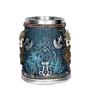 OTARTU Valhalla Viking Stainless Steel Single Handle Horn Skull Beer Stein Cup, Nordic Viking Warrior Skull Mug Tankard 17oz, Halloween Bar Drinkware Men’s Gift