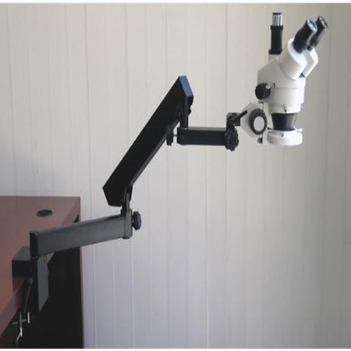 AmScope SM-6TX-FRL Professional Trinocular Stereo Zoom Microscope, WH10x Eyepieces, 3.5X-45X Magnification, 0.7X-4.5X Zoom Objective, 8W Fluorescent Ring Light, Clamping Articulating Arm Stand 110V-120V, Includes 0.5X Barlow Lens