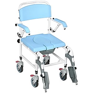 HOMCOM Accessibility Commode Wheelchair, Rolling Shower Wheelchair with 4 Castor Wheels, Rectangle Detachable Bucket, & Waterproof Design, 17" Seat Width, Blue