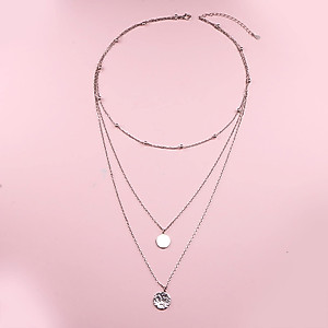 FLYOW Multi Layered Choker Necklace S925 Sterling Silver Coin Beaded Hammered Disc Long Chain Dainty Pendant Necklace for Women
