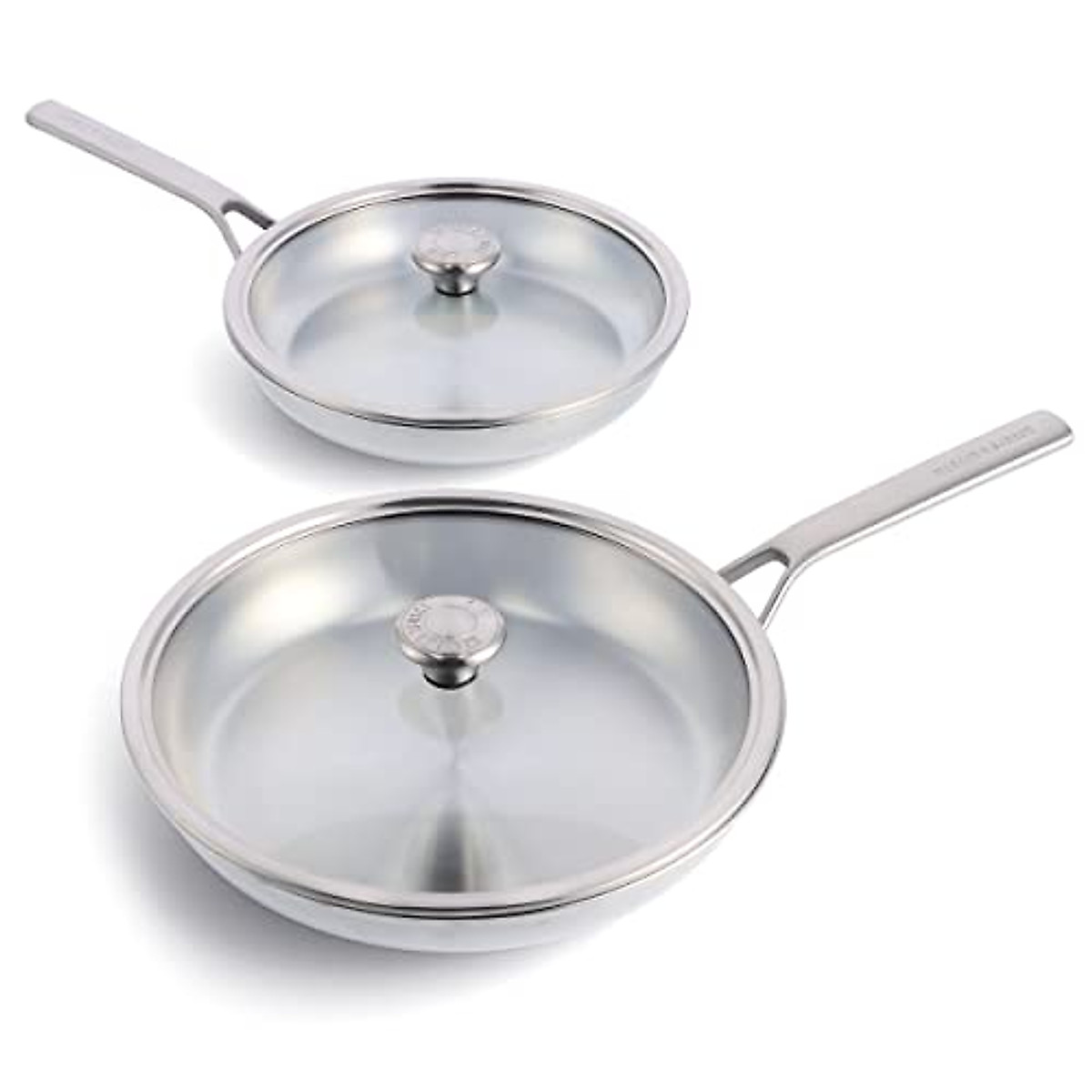 Merten & Storck Tri-Ply Stainless Steel 10" & 12" Frying Pan Skillet Set with Glass Lids, Professional Cooking, Multi Clad, Drip-Free Pouring Edges, Browning, Induction, Durable,Oven & Dishwasher Safe