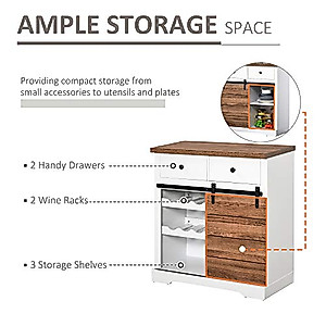 HOMCOM Farmhouse Coffee Bar Cabinet, Barn Door Wine Cabinet with Storage, Sideboard Buffet Cabinet with Wine Racks for Kitchen, White