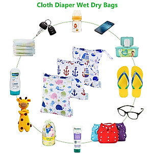 3 Pcs Cloth Diaper Wet Dry Bags Waterproof Reusable Travel Daycare Baby Pump Parts Bag for Swimsuits Clothes with Zipper (Whale + Sailing + Anchor)