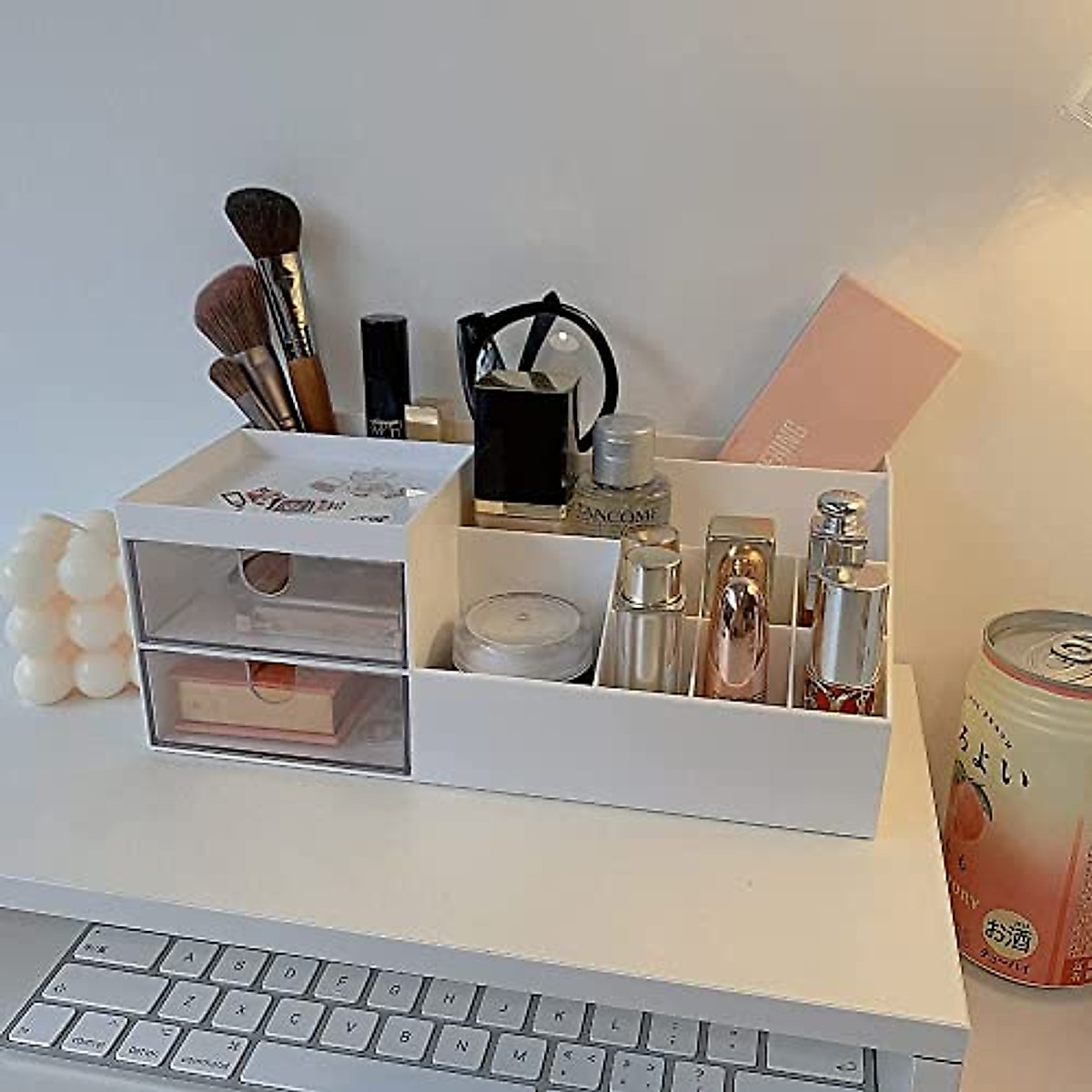 Kayviex Makeup Desk Organizer, DIY Makeup Storage Box with Drawers for Cosmetics, Skincare, Lipsticks, Jewelry, Ideal for Bedroom and Bathroom Countertop, Pure White