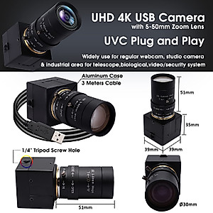 SVPRO Webcam 4K Ultra HD Web Camera 10X Optical Zoom Camera with 5-50mm Varifocal Lens, 3840x2160@30fps Super High Definition Cameras for Computers/Laptop/Desktop, Sony IMX415 Sensor USB Camcorder
