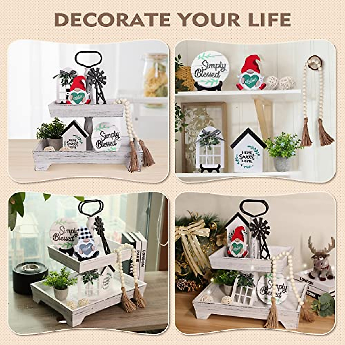 Eufrozy 11pcs Farmhouse Tiered Tray Decor Set, Rustic Tier Tray Decorations with Black and White Buffalo Plaid Gnome Ornaments Wooden Home Sweet Home Sign for Kitchen Table Decor Summer Housewarming