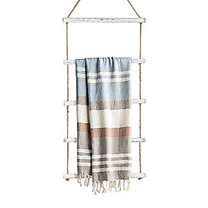 Towel Rack for Bathroom- 3.3-Foot Wall Hanging Whitewashed Wood & Rope Blanket Ladder with 5 Rungs for Farmhouse Room Decor (Whitewashed)