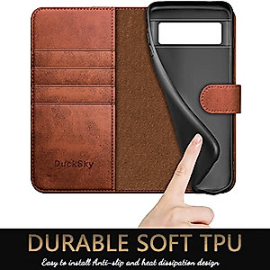 DuckSky for Google Pixel 6 Genuine Leather Wallet case 【RFID Blocking】【4 Credit Card Holder】【Real Leather】 Flip Folio Book Phone case Protective Cover Women Men for Pixel6 case Light Brown