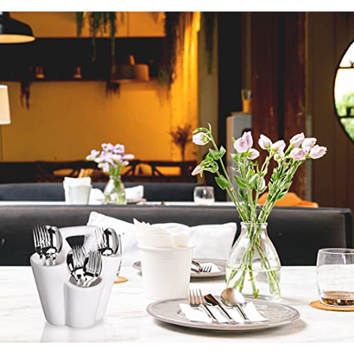 Farmhouse Decor 4 Section Ceramic Silverware Holder - Flatware and Cutlery Caddy - Kitchen Table Organizer (White)