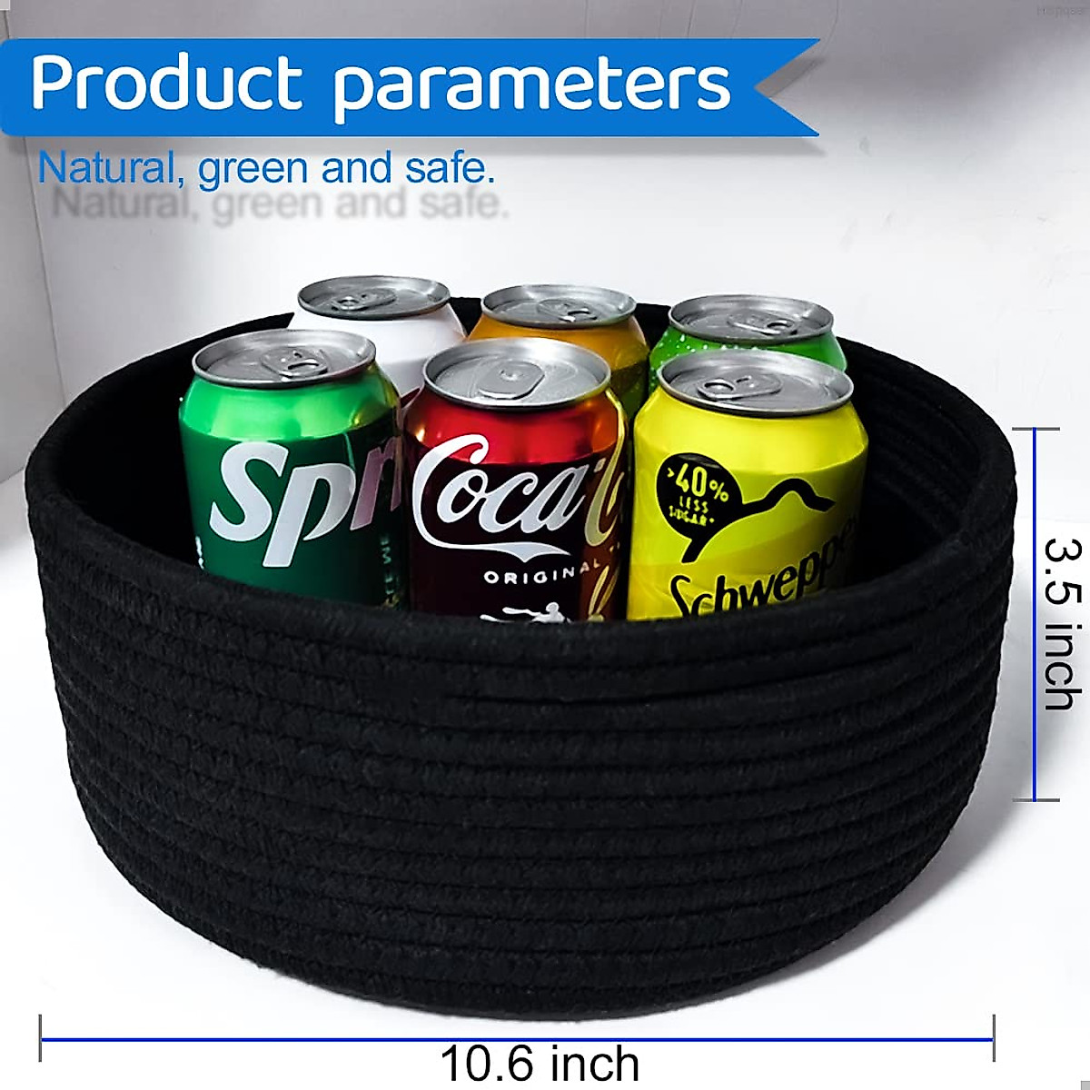 Hispqser Large Black Woven Basket, Round Cotton Rope Basket with Handle Empty Gift Basket to Fill Decorative for Toys Hamper Nursery Sturdy Thicken Storage Bathroom Living Room 10.6 * 10.6 * 3.5in