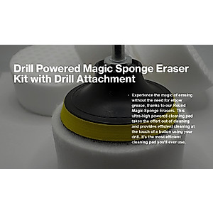 4.5” Drill Powered Magic Sponge Eraser 6 Pieces Kit with Drill Attachment | 25% Thicker Ultra Durable Melamine Cleaning Eraser Pads for Bathroom Kitchen Floors Walls Baseboards Crayon Marker and More
