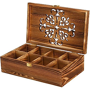 Coloch Wooden Tea Bag Storage Box with Carved Lid, 8-Compartment Tea Chest Organizer Spice Packets Container for Living Room, Kitchen, Office, Home Decor