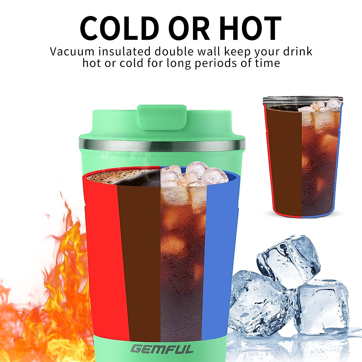 GEMFUL To Go Coffee Mug with Lid 13 oz Insulated Cups Spill Proof Travel Tumbler Leak Proof Vacuum Stainless Steel Reusable for Hot Cold Drinks Women Men (Green)