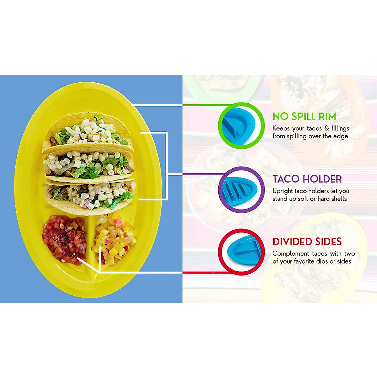 Jarratt Industries Fiesta Taco Serving Plates, Serving Trays with Stand Up Taco Holder, Plastic Plate Set for Soft and Hard Shell Tacos, Use for Taco Nights and Taco Bar, Microwave Safe, Set of 6