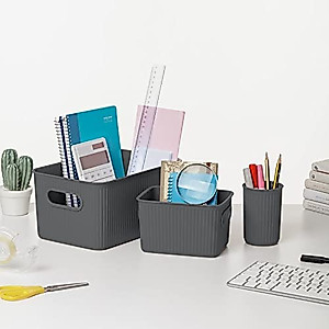 Superio Ribbed Plastic Storage Basket Organizer, White and Grey, 5 Liter- Stackable Classic Closet Storage Bin for Shelf, Desk, Pantry- Store Toys, Clothes, Cosmetics,