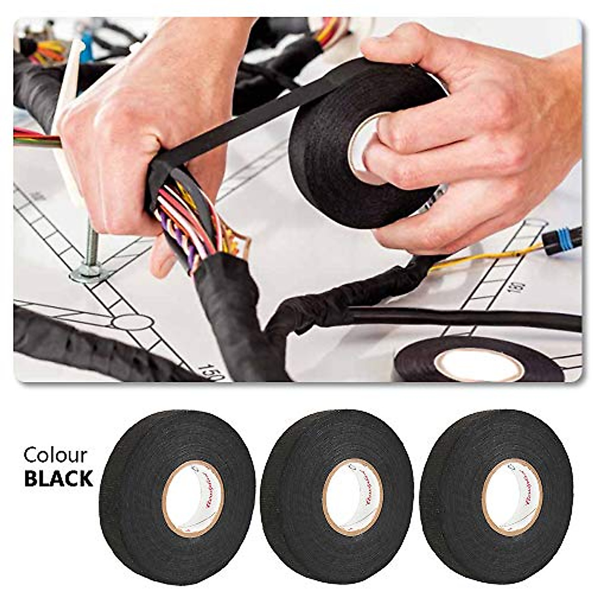 Wire Loom Harness Tape, Wiring Harness Cloth Tape, Adhesive Fabric Tape, High Temperature Resistant Automotive Wiring Harness Tape,(19 mm X 13m,3 Rolls)