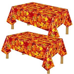 2 Pack Fall Tablecloth Maple Leaf Plastic Table Cover Autumn Leaves Disposable Party Tablecloths Thanksgiving Rectangle Table Covers for Harvest Holiday Party Farmhouse Kitchen Decor, 54" x 108"