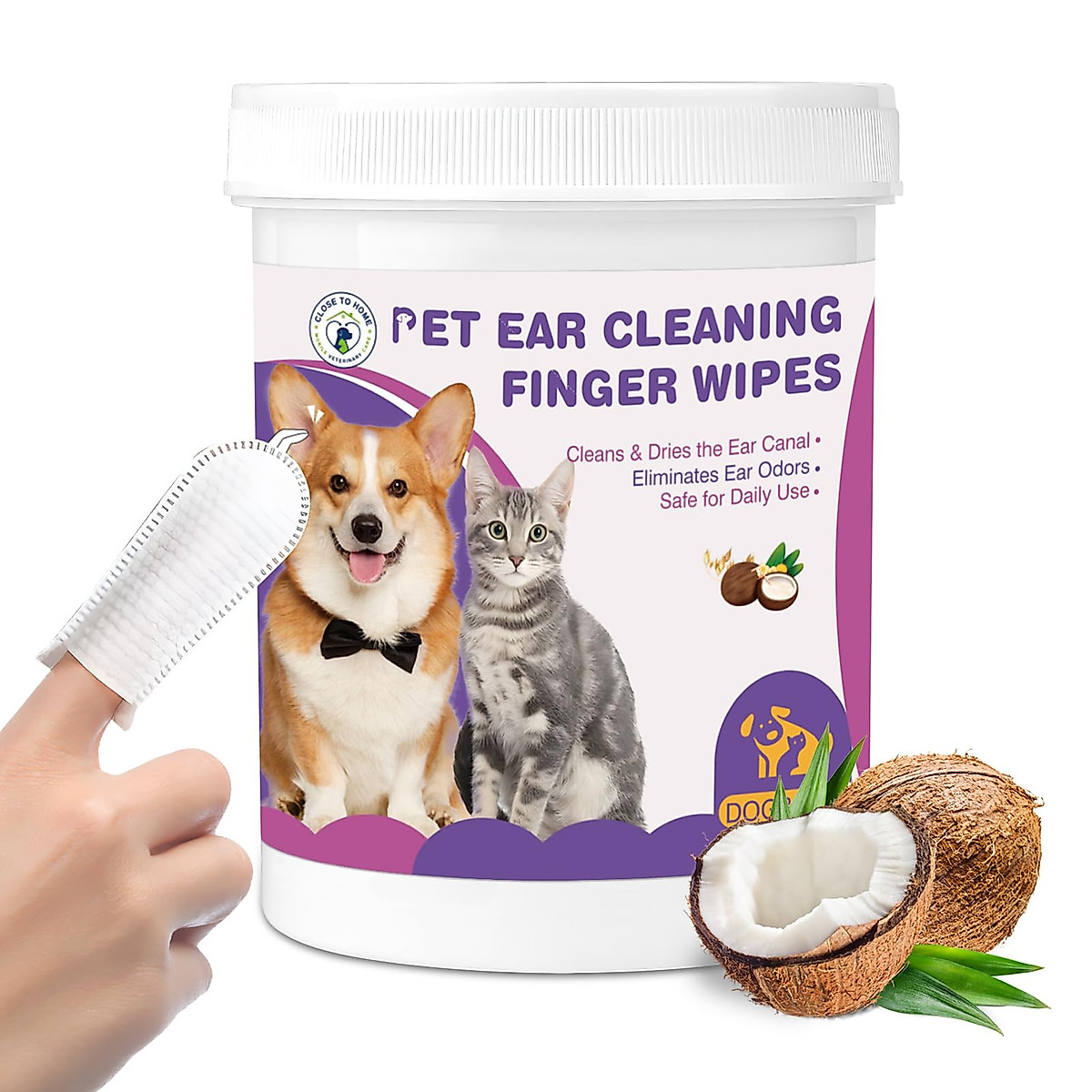 65pcs Pet Ear Cleaning Finger Wipes Cat Dog Ear Wipes Cleaner Cat and Dog Care Remove Earwax Debris Deodorize Relieve Ear Itching and Inflammation Non-Irritating Easy to Use Plant Fragrance