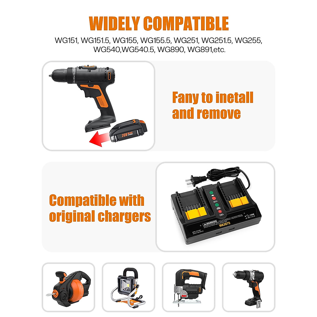 Powilling 20V Lithium Battery for Worx 20V Battery and Charger Kit, Compatible with All Worx 20V Batteries WA3520 WA3525 WA3575 WG151s WG251s WG540s WG545s WG890 WG891 + Works 20 Volt Battery Charger