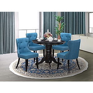 East West Furniture SHSI5-BLK-21 5 Piece Dining Table Set for 4 Includes a Round Kitchen Table with Pedestal and 4 Blue Linen Fabric Parsons Dining Chairs, 42x42 Inch, Black